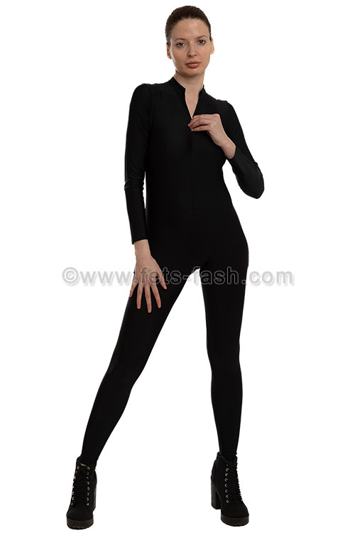 Black Elastane Catsuit with Front Zip